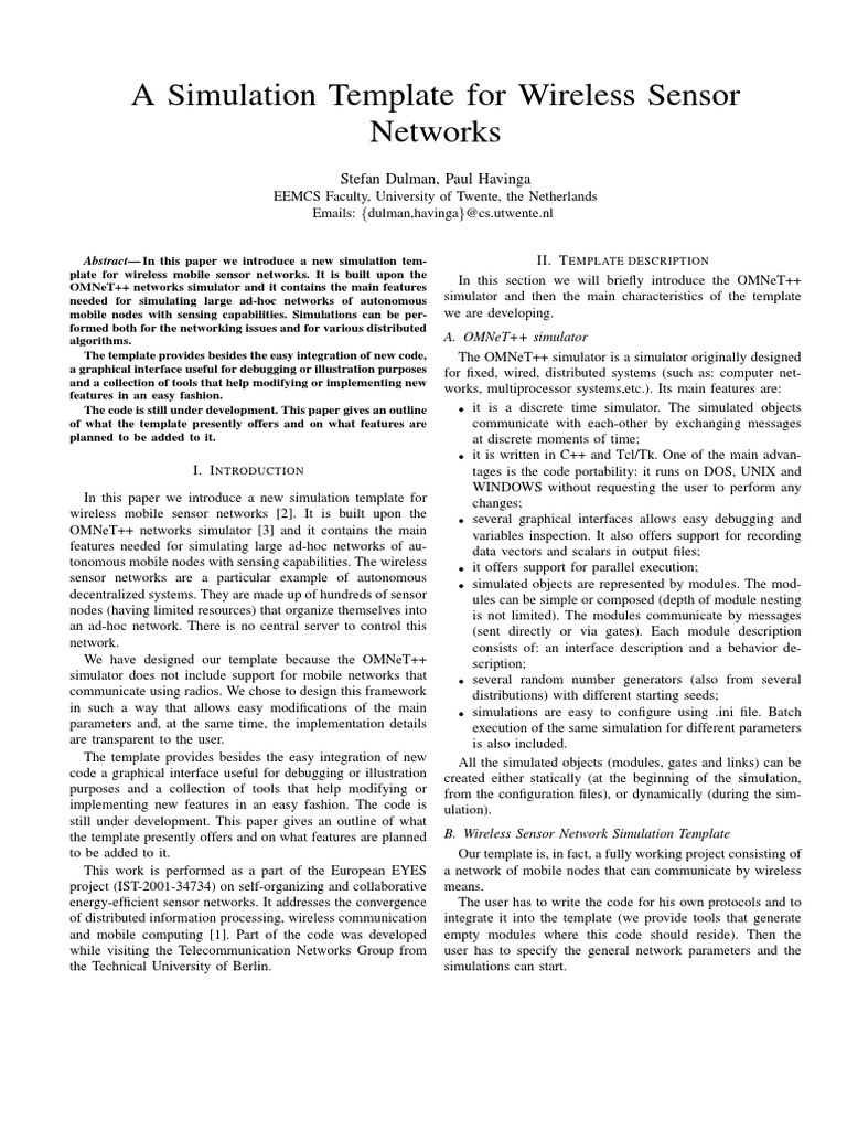 A Simulation Template For Wireless Sensor Networks: Stefan Dulman, Paul ...
