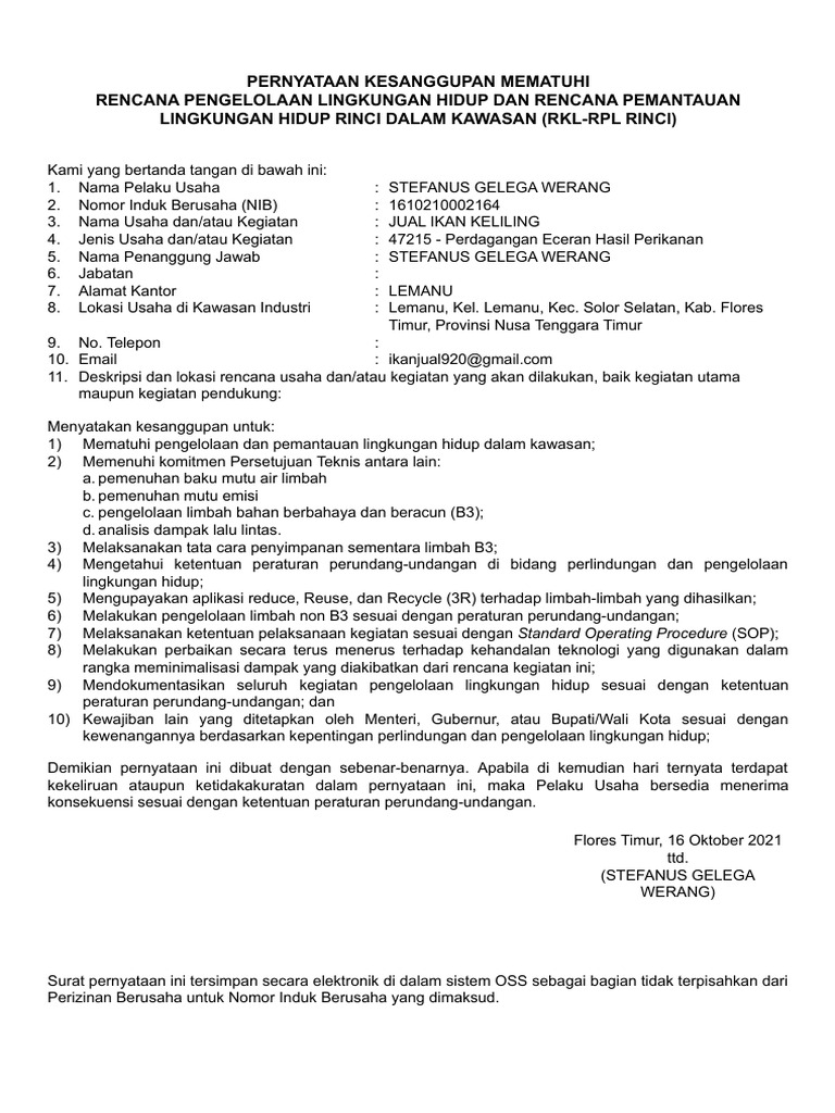 Pernyataan Kesanggupan Pengolaan Lingkungan Hidup Dan Rencana ...
