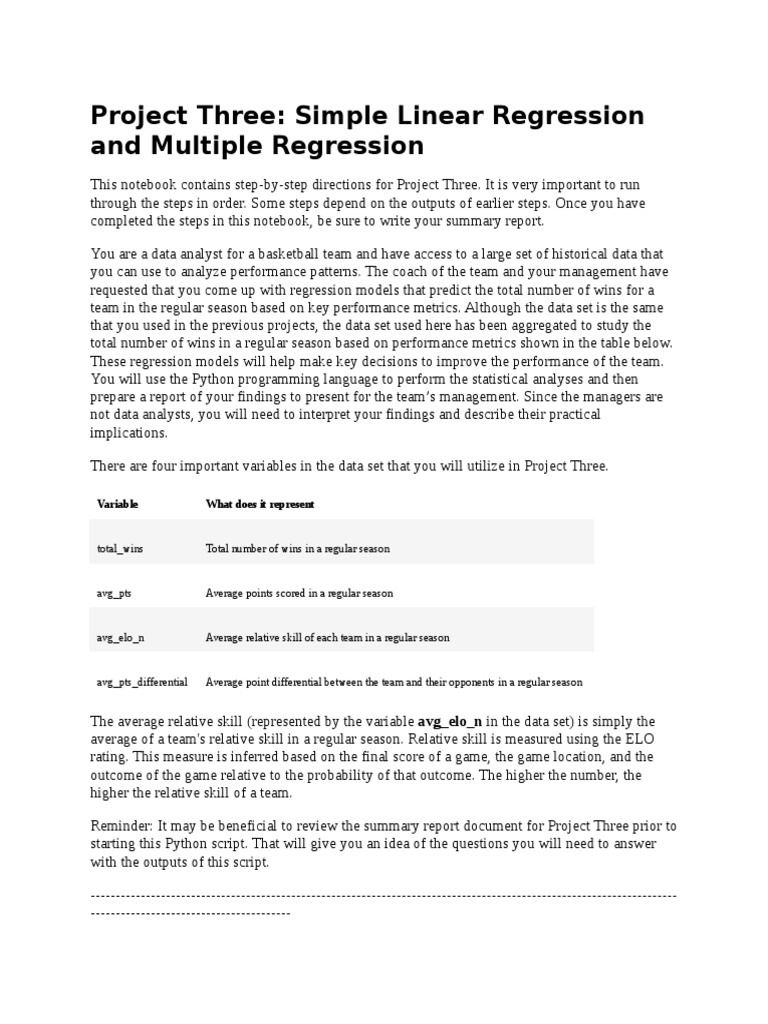 Project Three: Simple Linear Regression and Multiple Regression | PDF | Correlation And ...