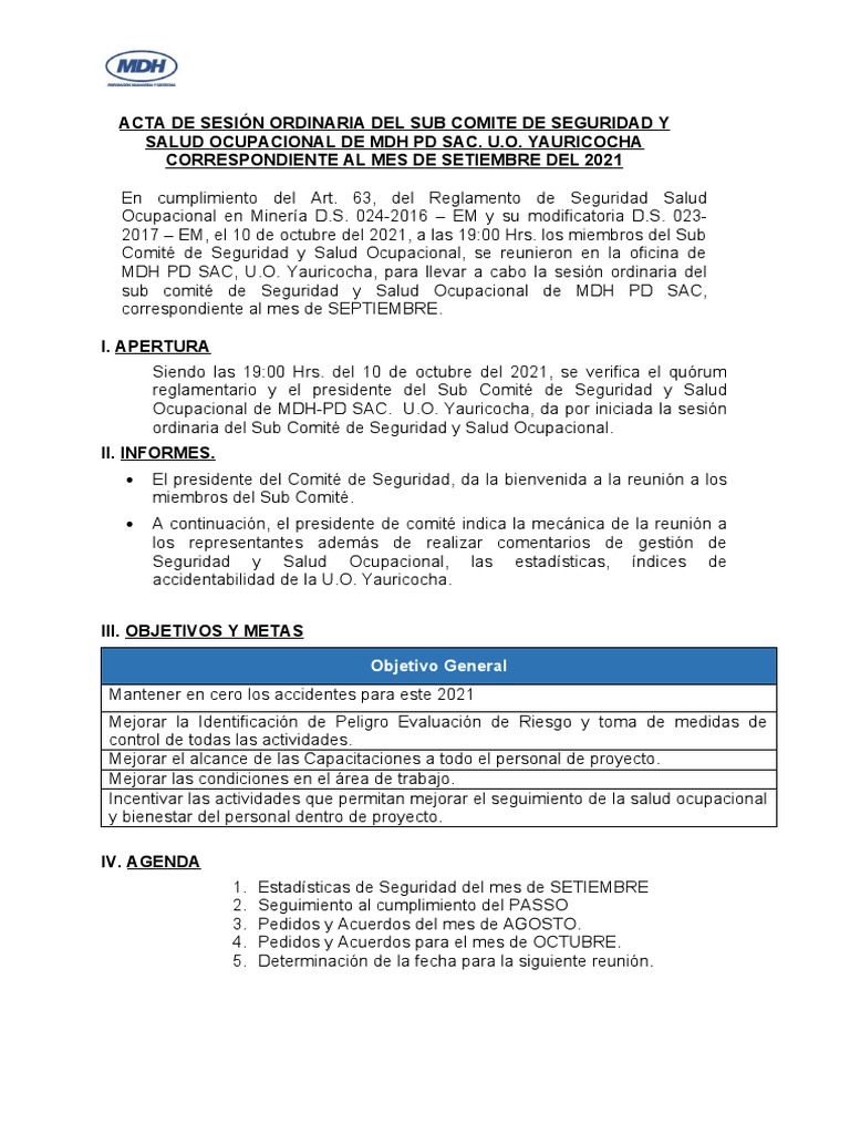 Acta de Sesión Ordinaria Del SCSST - MDH Setiembre 2021 | PDF | Seguridad y salud ocupacional ...