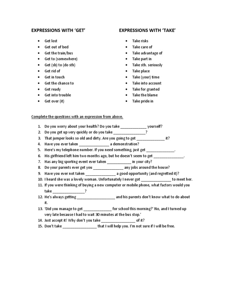 Vocabulary - Expressions Take and Get | PDF