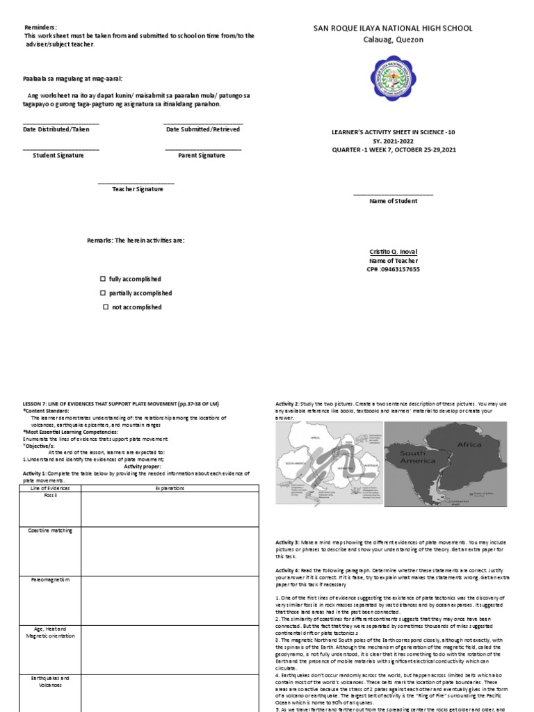 Students Work Sheet | PDF | Plate Tectonics
