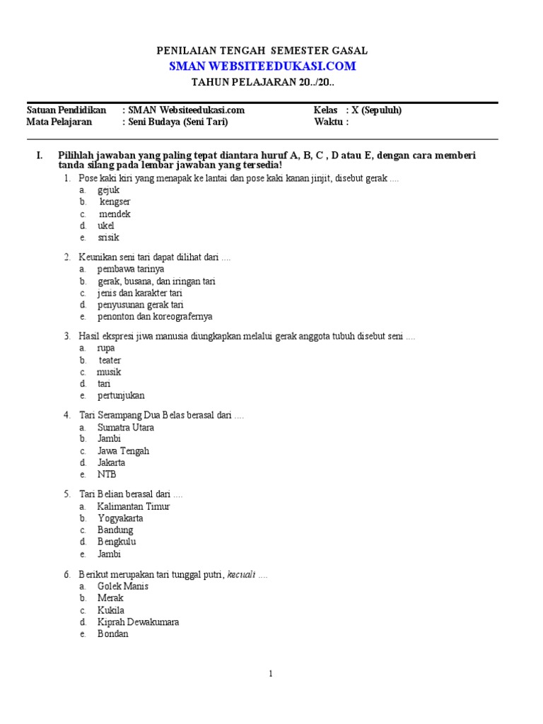 Soal PTS 1 Seni Tari Kelas X | PDF