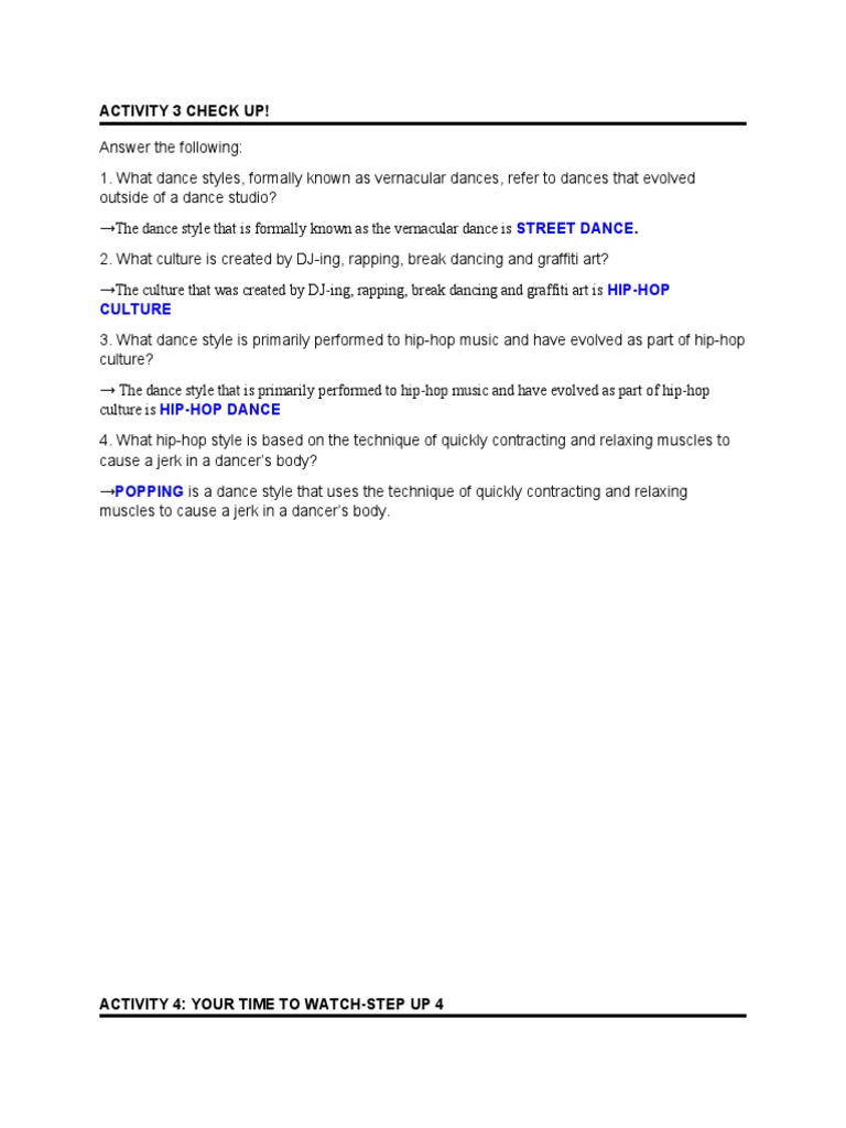 Activity 3 Check Up!: Street Dance | PDF | Hip Hop | Dances