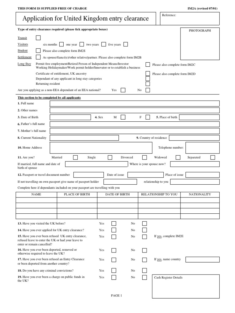 Visa Application Form Im2a | PDF | Passport | Travel Visa