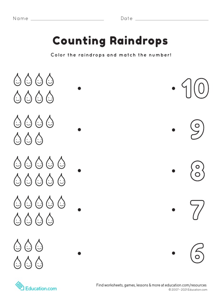 Counting Raindrops: Color The Raindrops and Match The Number! | PDF