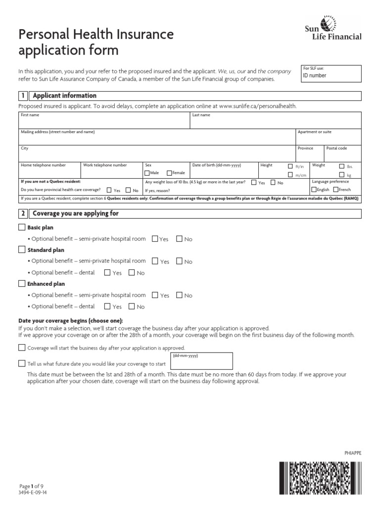 Personal Health Insurance Application Form | PDF | Life Insurance ...