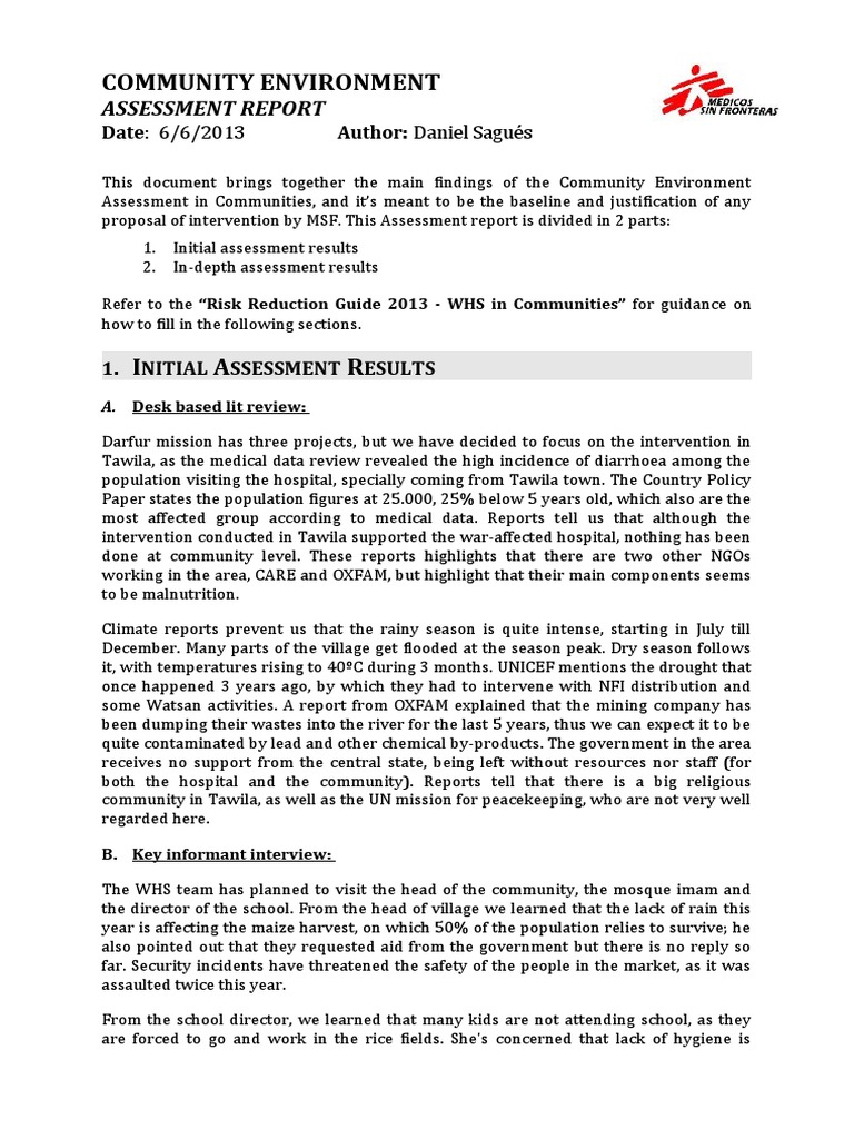 WHS Assessment Report TAWILA | PDF | Hygiene | Water