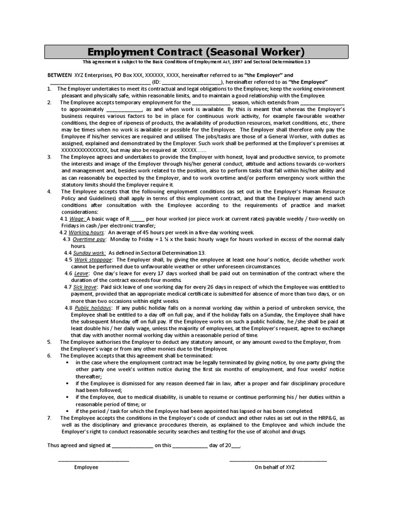 Seasonal Employment Contract Template | PDF | Employment | Sick Leave