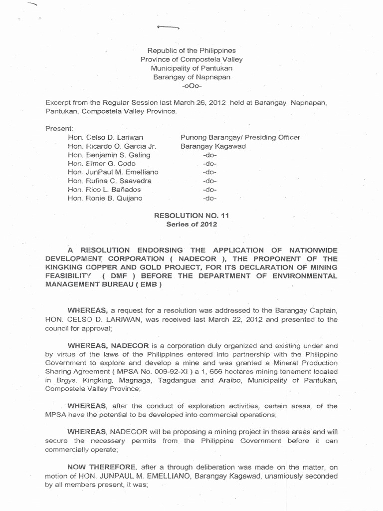 Brgy Napnapan Endorsement | PDF | Minerals | Mining