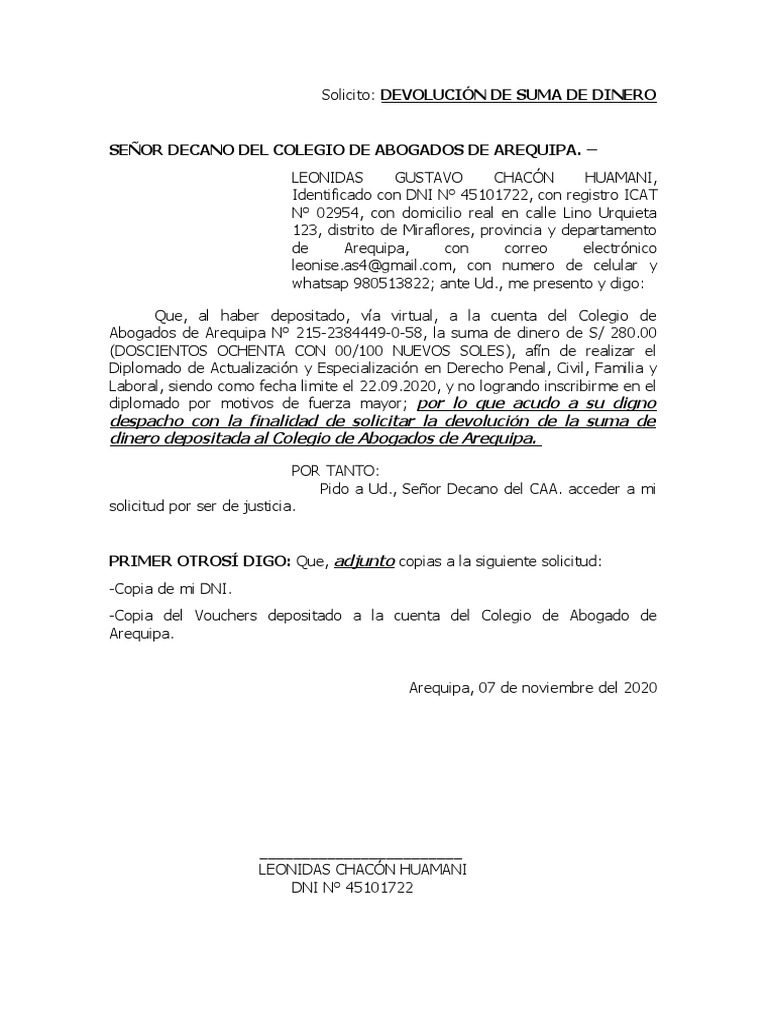 Solicito Devolucion de Suma de Dinero | PDF