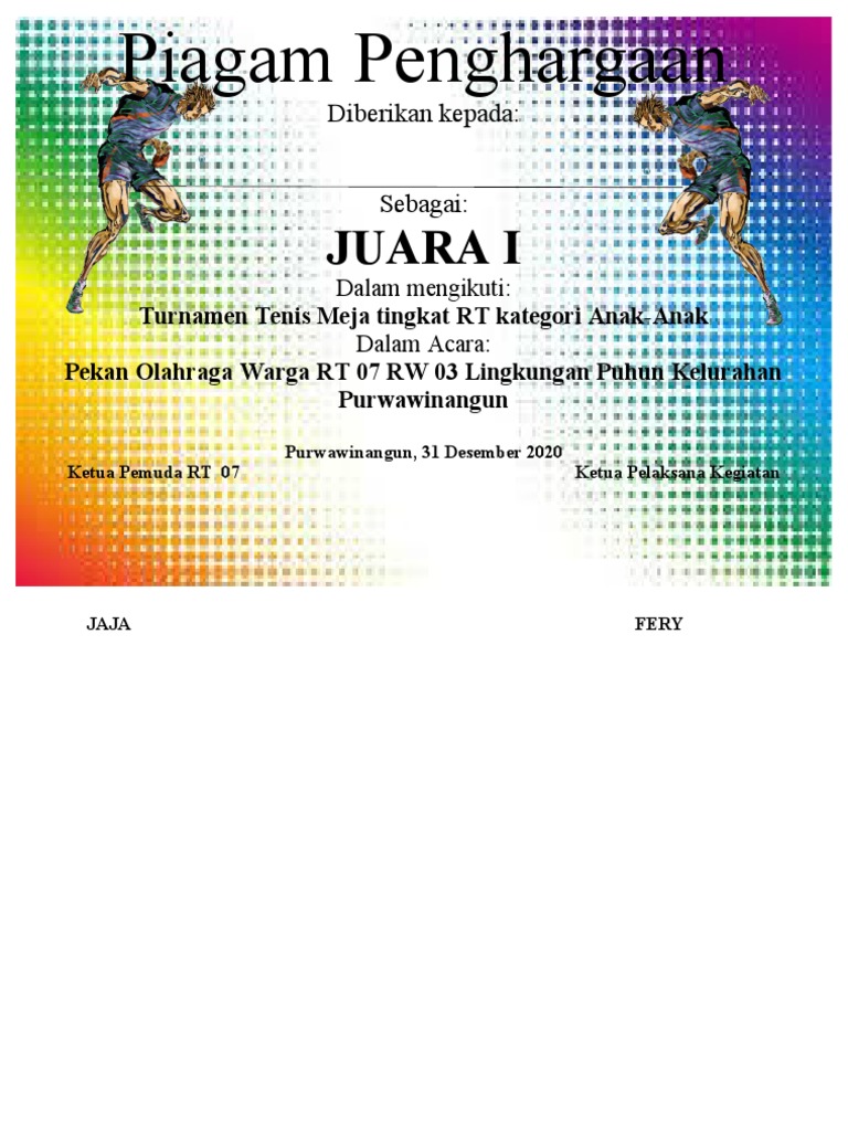 Piagam Penghargaan Turnamen Tenis Meja | PDF