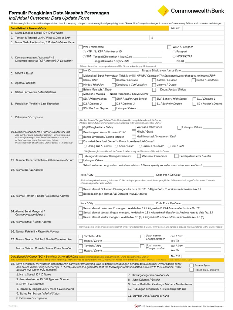Individual Customer Data Update Form: Formulir Pengkinian Data Nasabah ...
