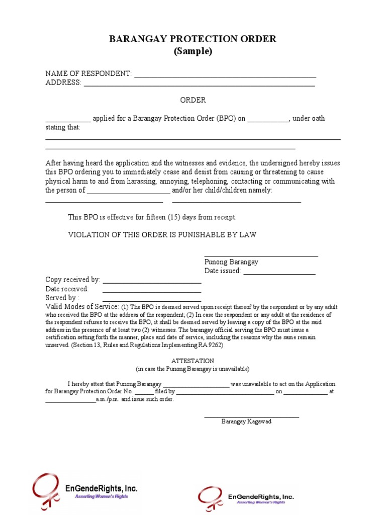 Barangay Protection Order Sample | PDF | Justice | Public Law