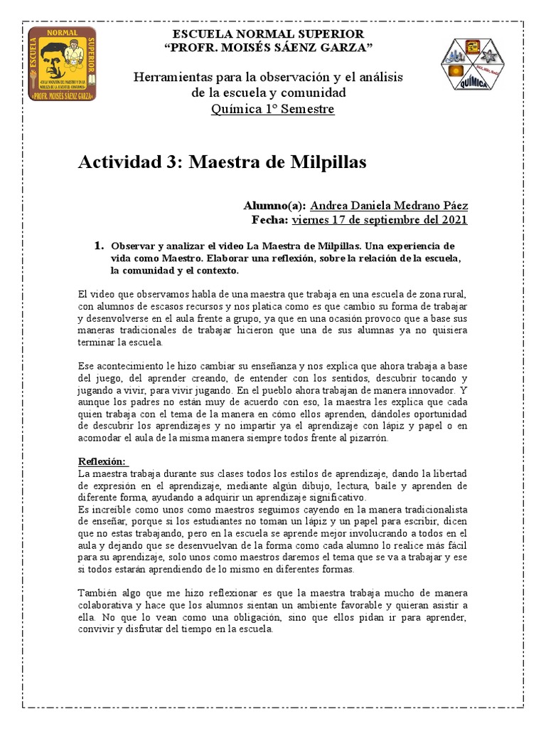 Actividad 3. La Maestra de Milpillas | PDF | Aprendizaje | Salón de clases