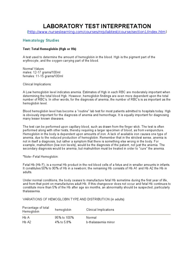 Laboratory Test Interpretation | PDF | White Blood Cell | Anemia