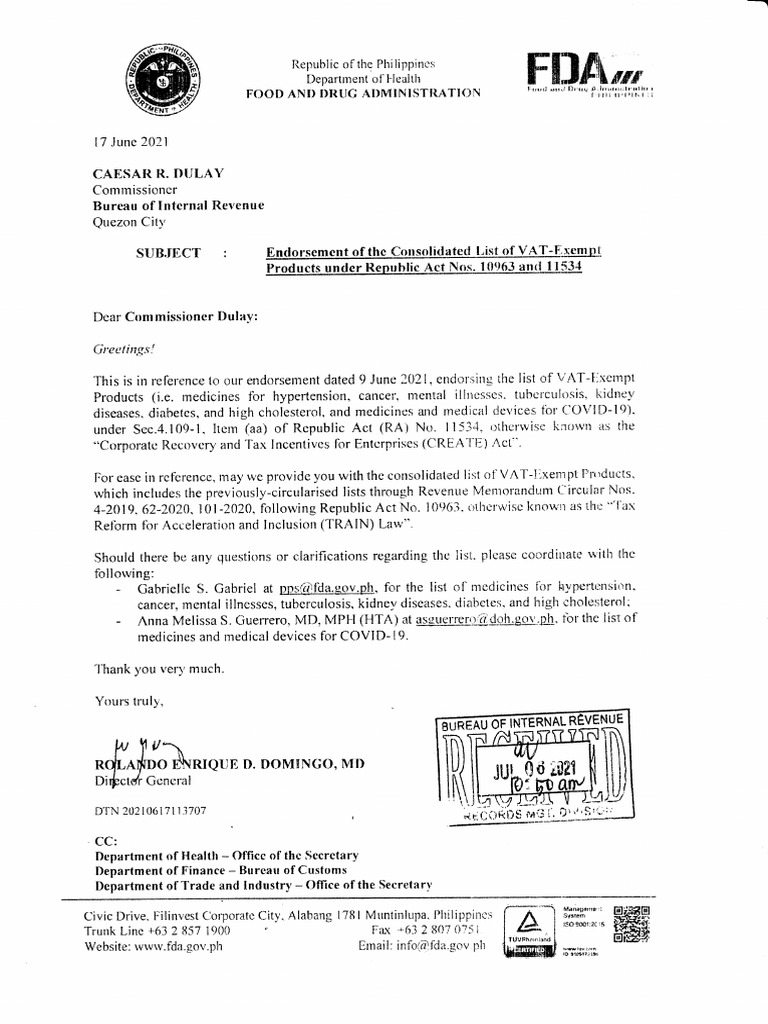 07.06.2021 - RMC No. 81-2021 FDA Endorsement Letter | PDF