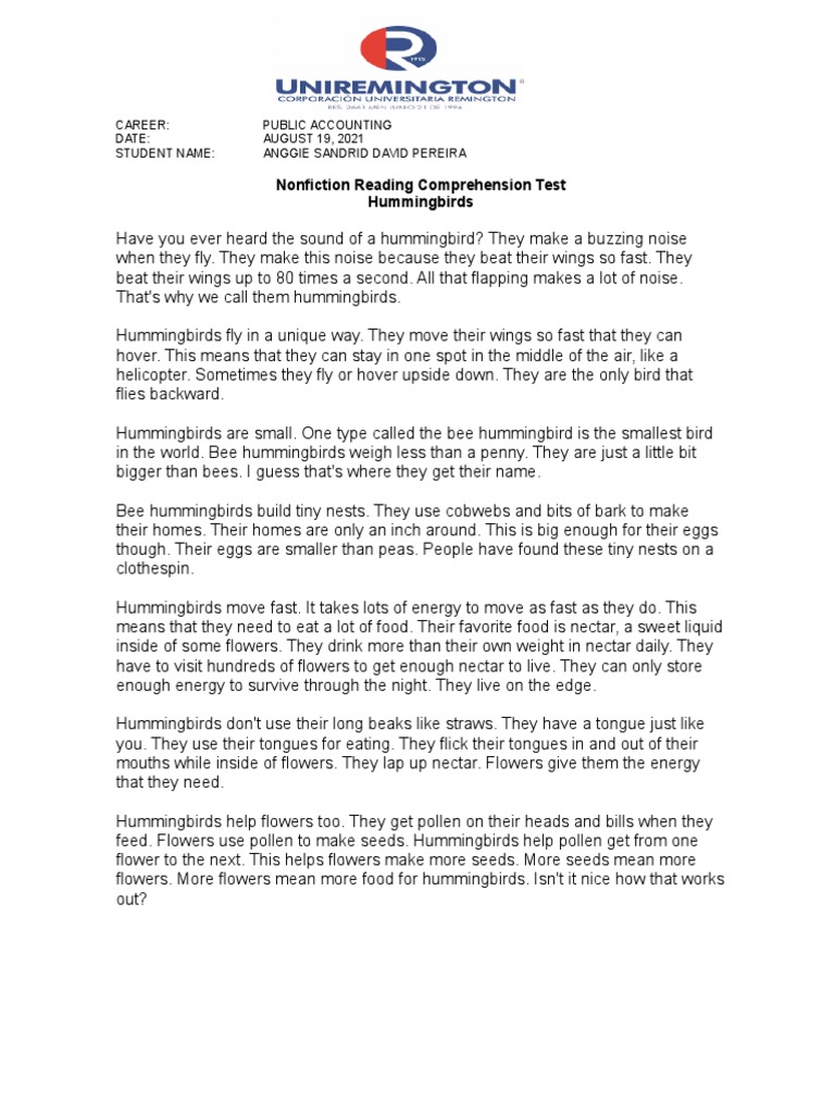 Nonfiction Reading Comprehension Test Hummingbirds | PDF | Flowers | Bees