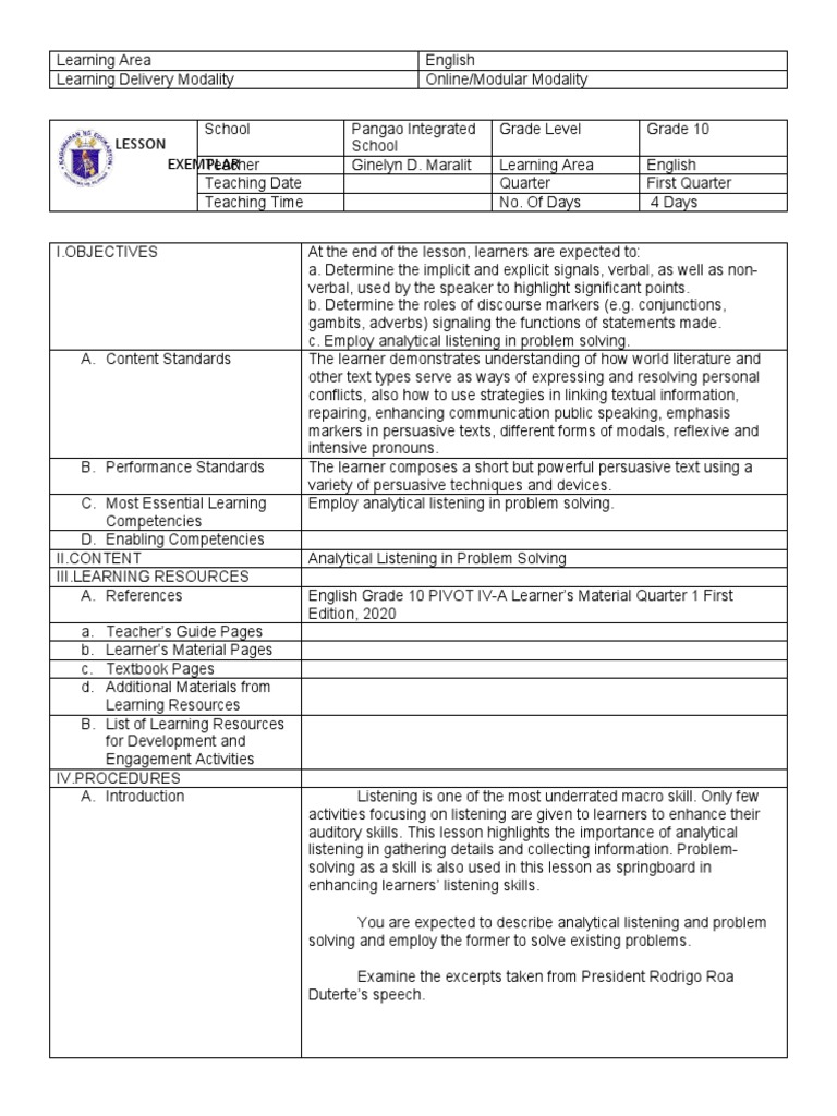 G10-MELC5-WEEK 5-Lesson-Exemplar | PDF | Learning | English Language