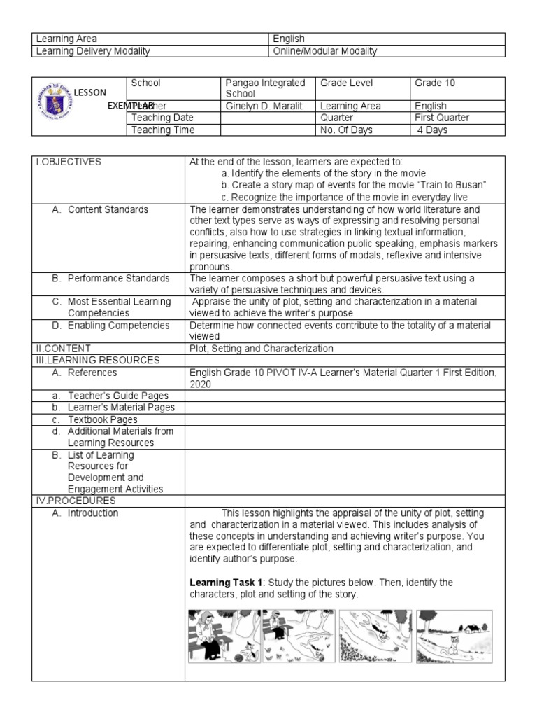 Lesson Exemplar: Appraise The Unity of Plot, Setting and Characterization in A Material | PDF ...