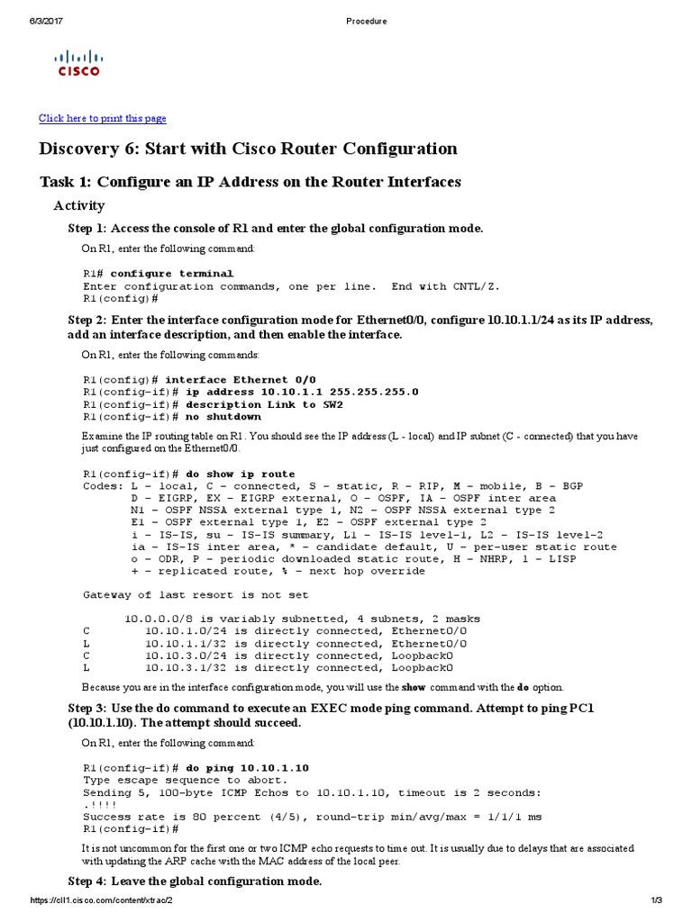 Discovery 6 - Start With Cisco Router Configuration | PDF | Computer Standards | Internet Protocols
