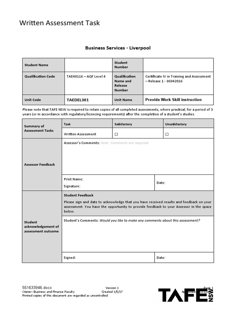 TAFE NSW Assessment Guide | PDF | Learning | Risk