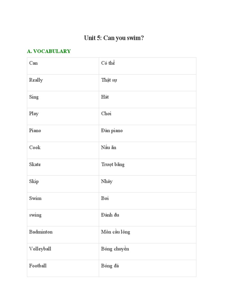 Unit 5 Can You Swim | PDF
