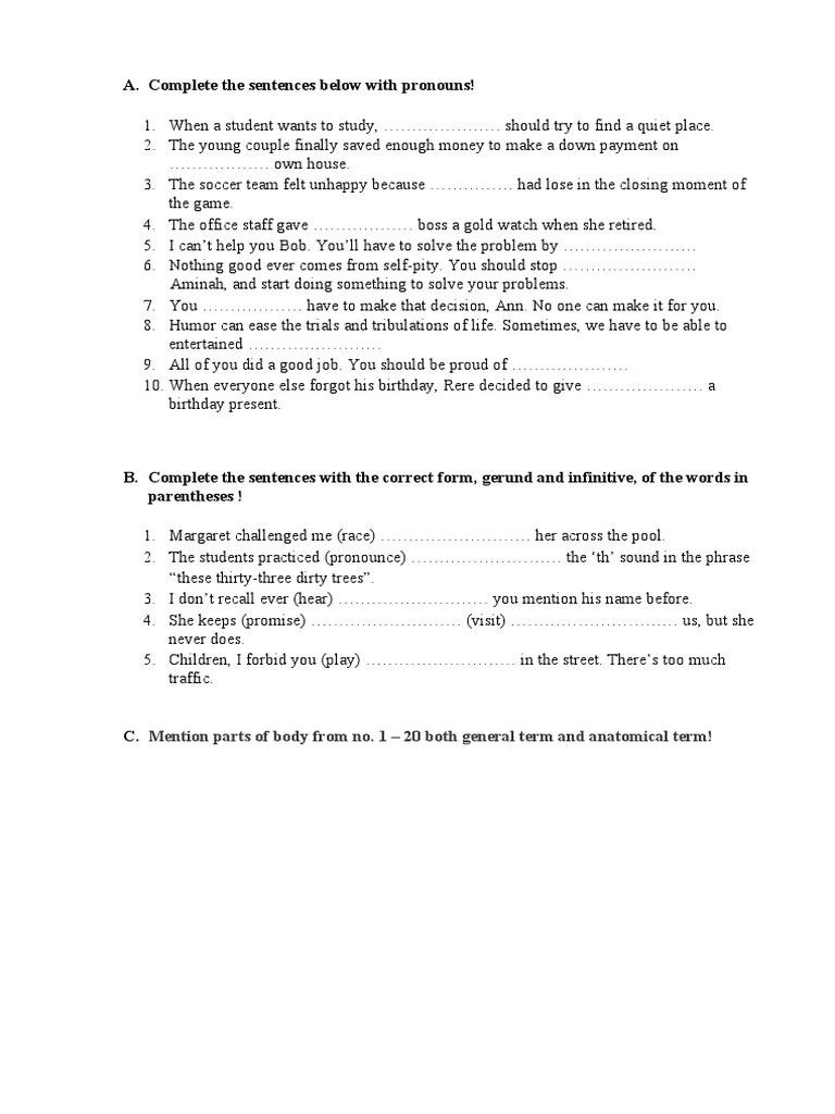 A. Complete The Sentences Below With Pronouns! | PDF
