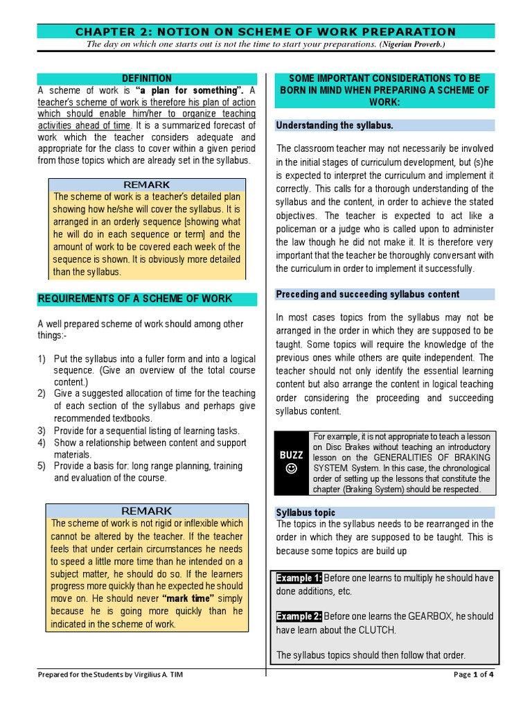Scheme of Work Preparation Guide | PDF | Teachers | Curriculum