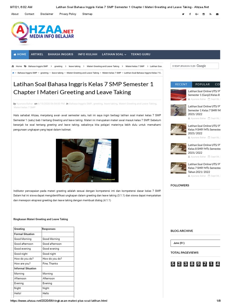 Latihan Soal Bahasa Inggris Kelas 7 SMP Semester 1 Chapter I Materi Greeting and Leave Taking | PDF