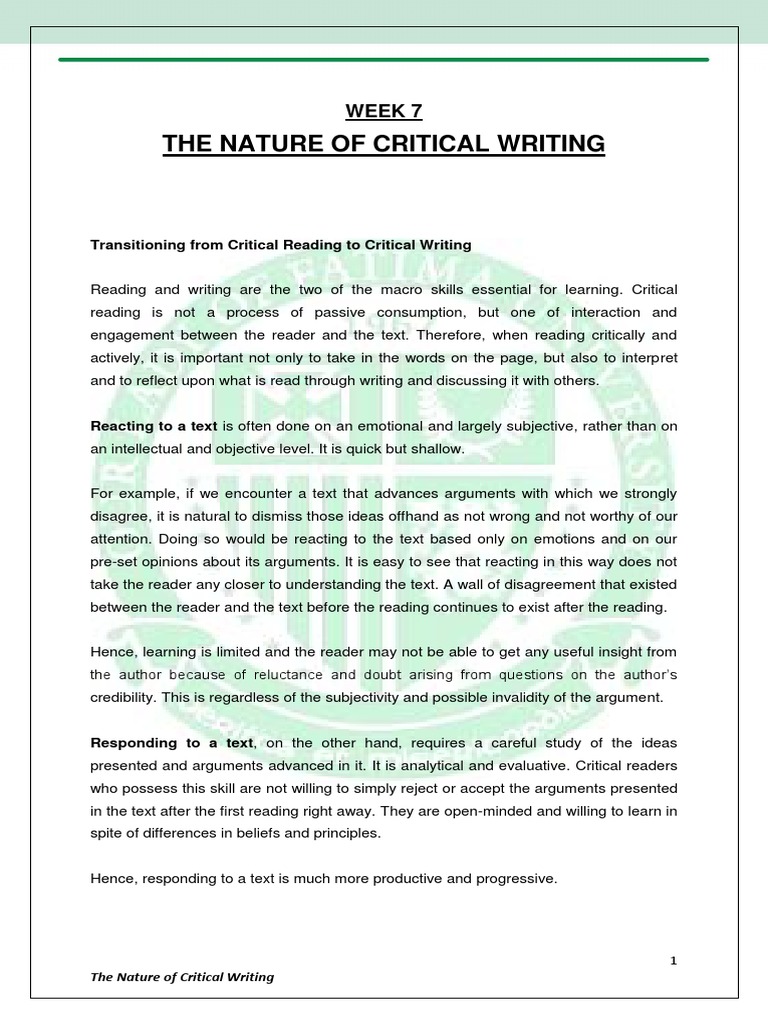 Week 7 - THE NATURE OF CRITICAL WRITING | PDF | Argument | Learning