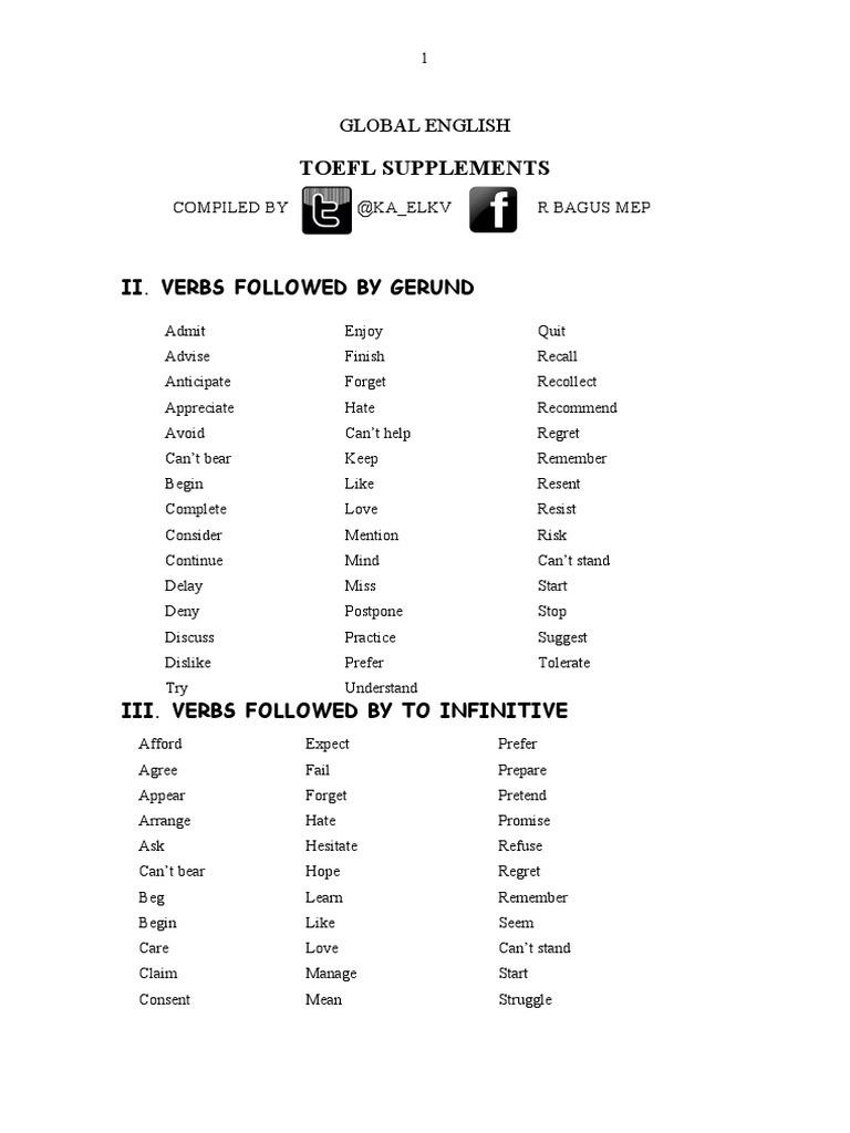 Toefl Supplements: Ii. Verbs Followed by Gerund | PDF | Morphology ...