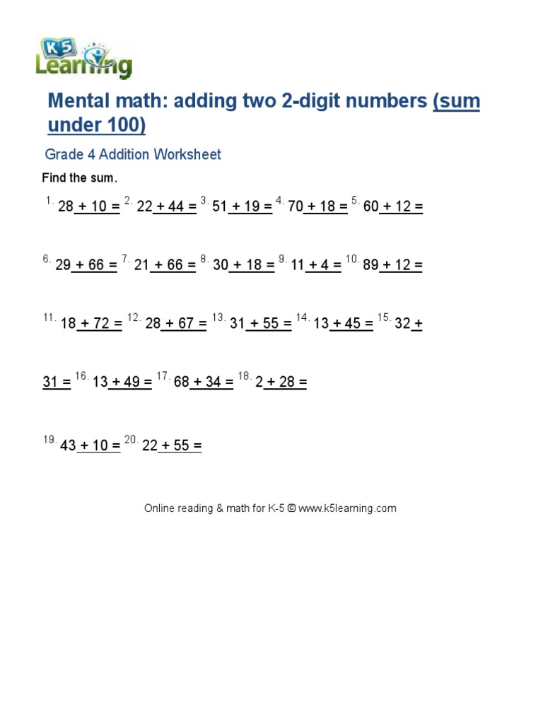 Mental Math: Adding Two 2-Digit Numbers (Sum Under 100) : Grade 4 ...