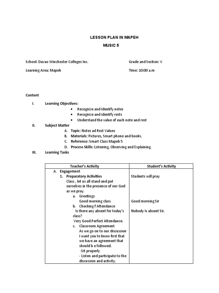 Music-Notes and Rest Values | PDF | Lesson Plan | Education Theory