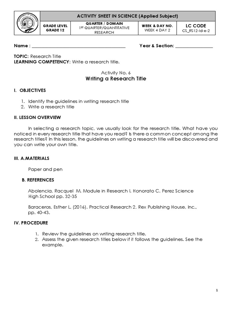 ScienceGrade12Applied Subject LAS Research II Q1Week4 8 | PDF ...