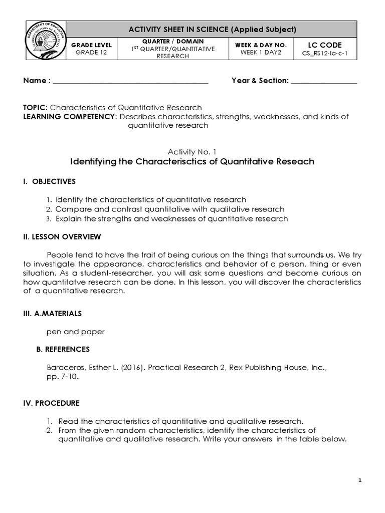 ScienceGrade12AppliedSubject Learning CAtivity Sheet Research I Q1Week1 ...