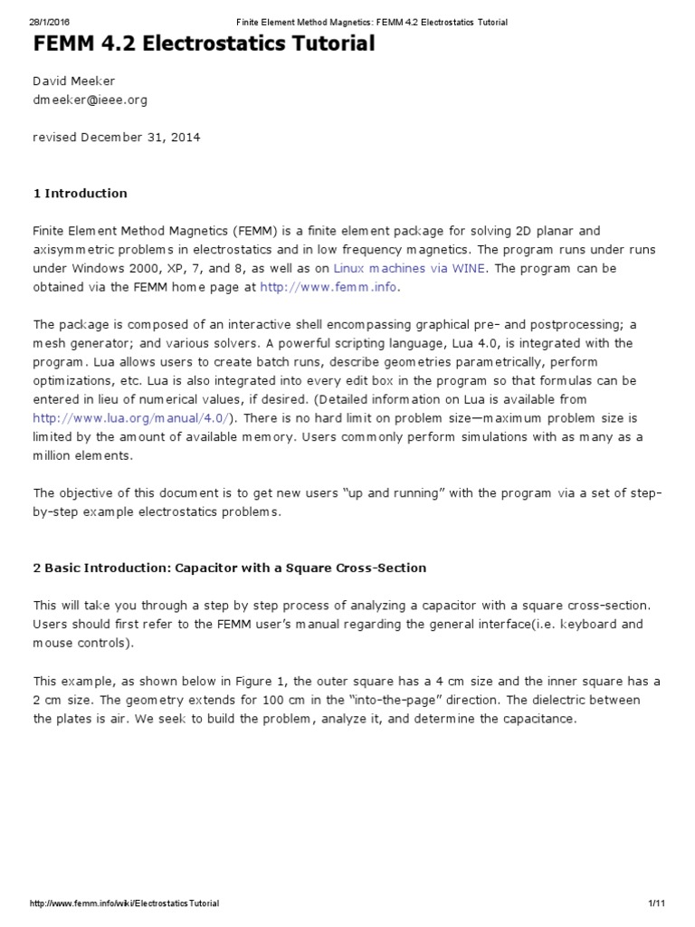 Finite Element Method Magnetics - FEMM 4 - Electrocstatic | PDF ...