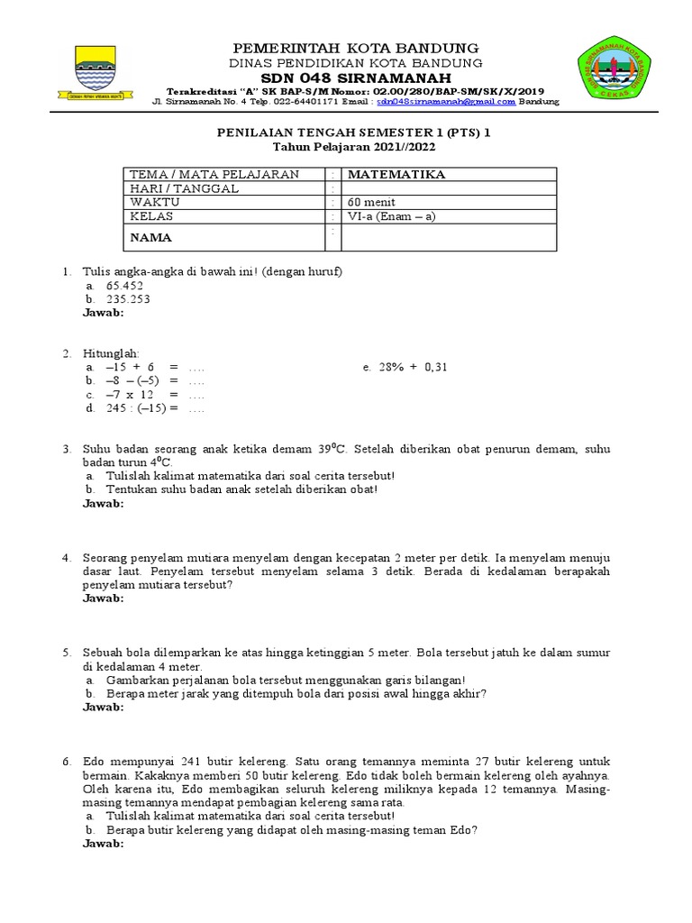 Soal PTS Math Kelas 6 SMT 1 | PDF