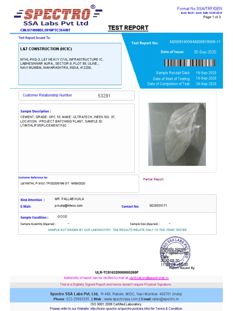 Ultratech Cement 7 Days Test Report Week 37 | PDF | Chemical Elements ...