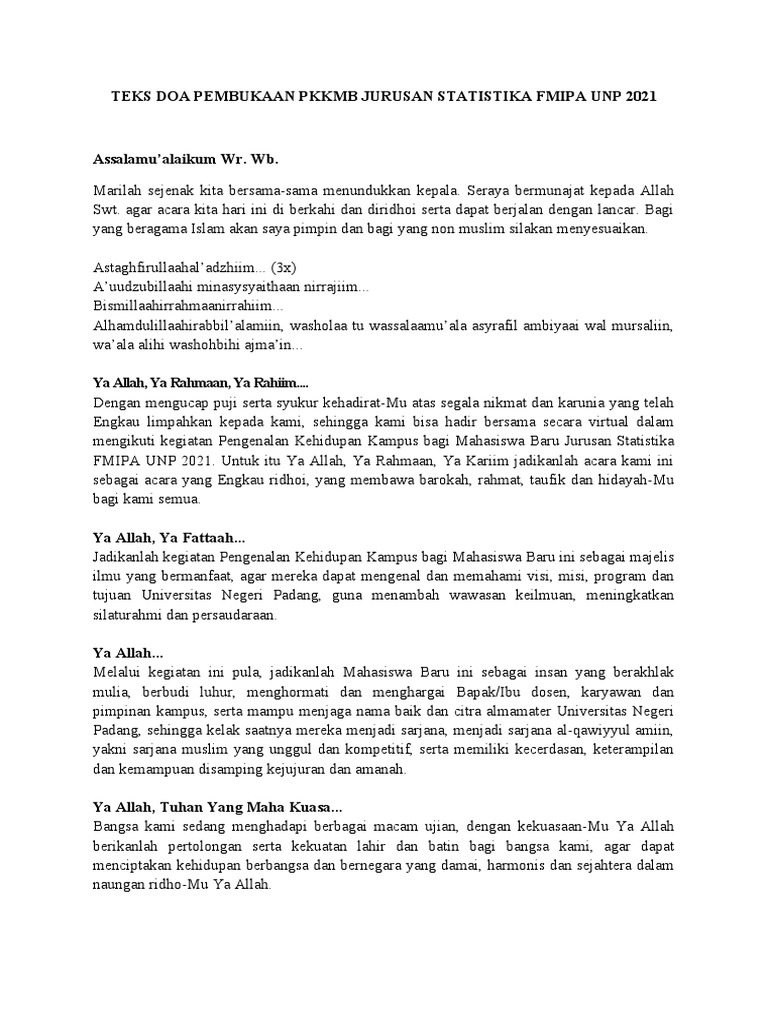 Teks Doa Pembukaan PKKMB Jurusan Statistika Unp 2021 | PDF