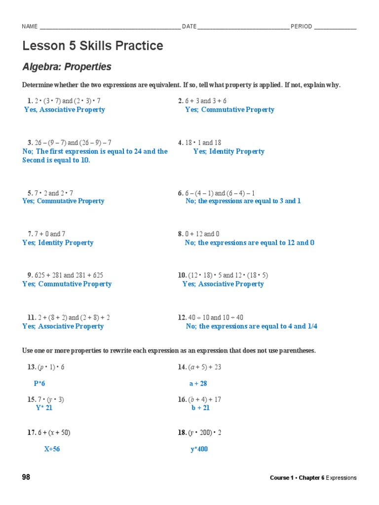 Lesson 5: Algebraic Properties Practice | PDF