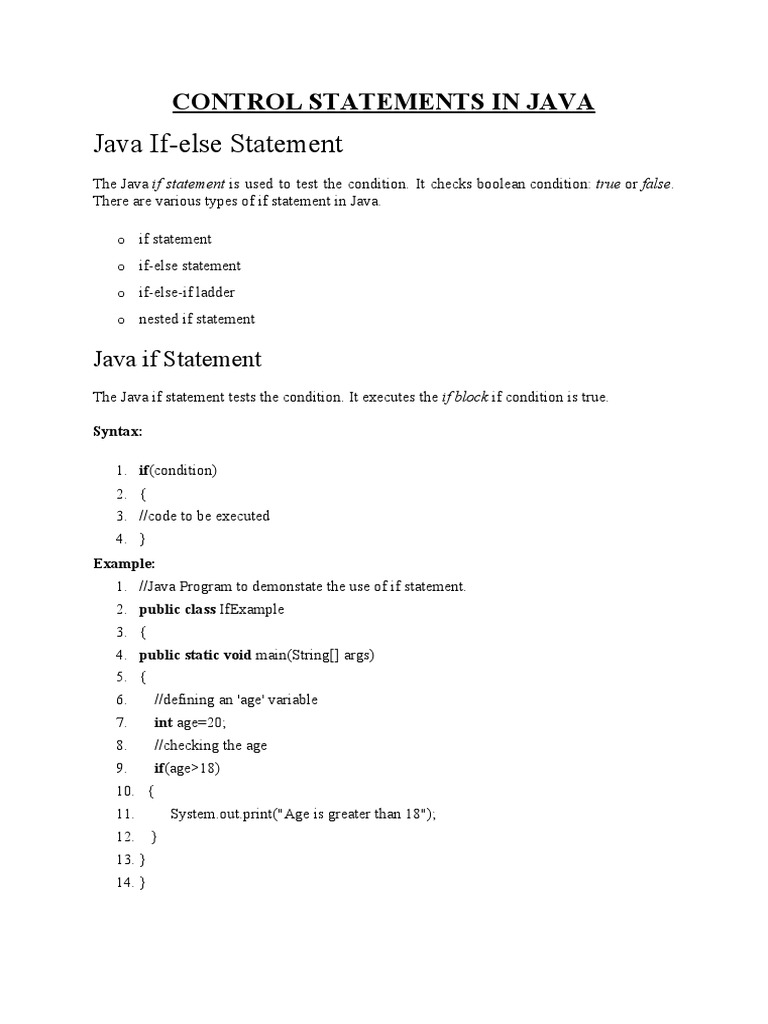 Control Statements In Java If Else Pdf Computer Engineering Computer Science