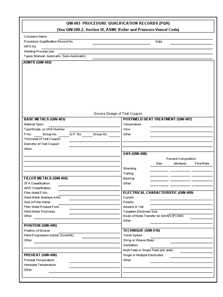 Qw-483 Procedure Qualification Records (PQR) (See QW-200.2, Section IX ...