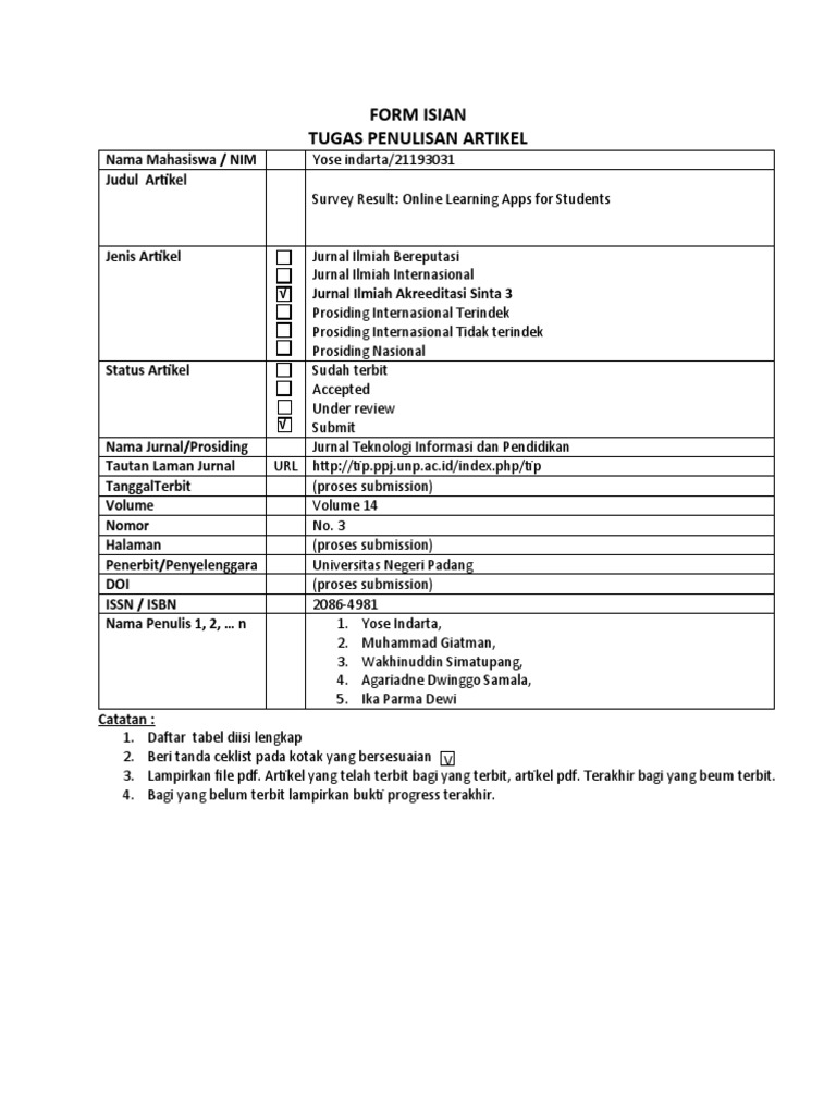 Form Isian Tugas Artikel S3 | PDF