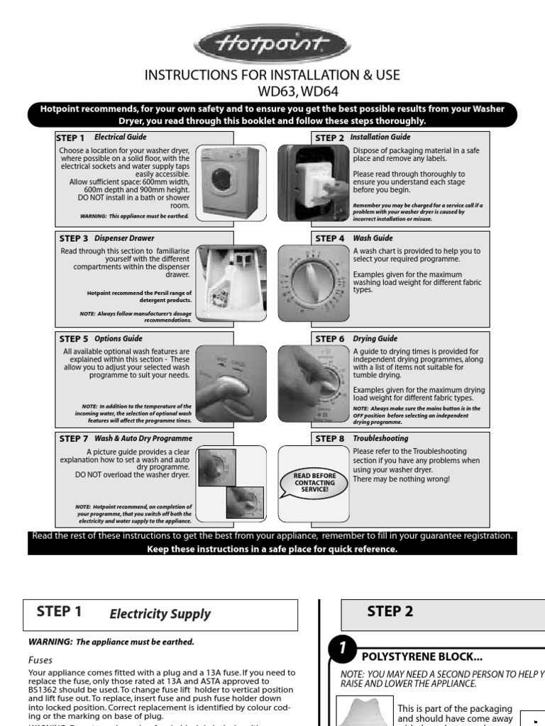 Hotpoint WD63/WD64 Washer Dryer Installation Guide | PDF | Washing ...