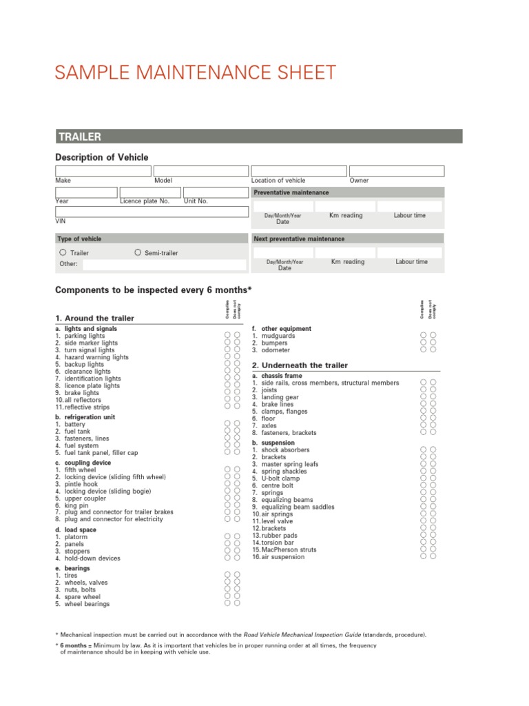 Sample Maintenance Sheet Trailer | PDF | Trailer (Vehicle) | Electrical ...