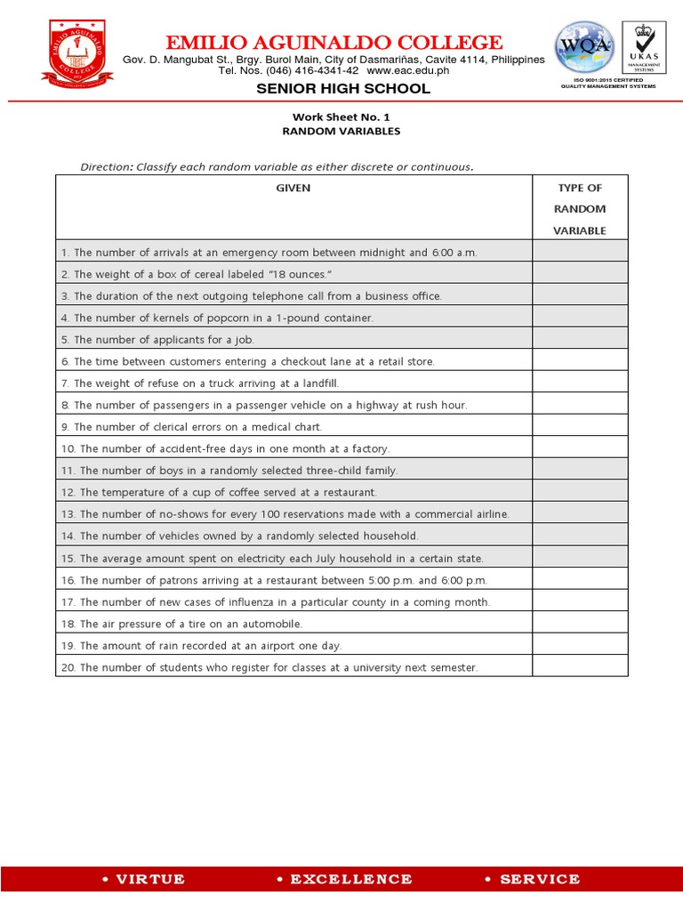 Worksheet 1 - RandomVariables | PDF