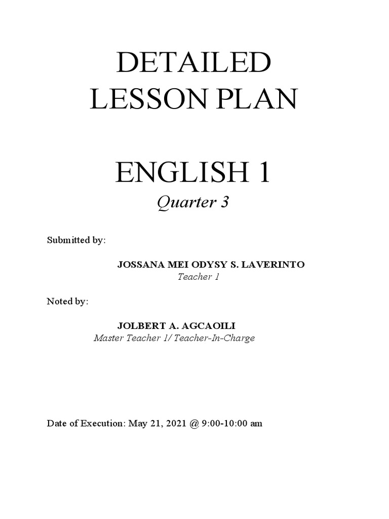 Detailed Lesson Plan English 1: Quarter 3 | PDF | Teachers | Lesson Plan