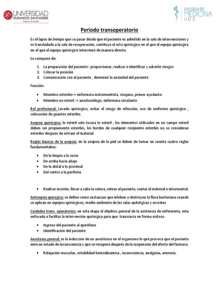 Periodo Transoperatorio | PDF | Cirugía | Anestesia