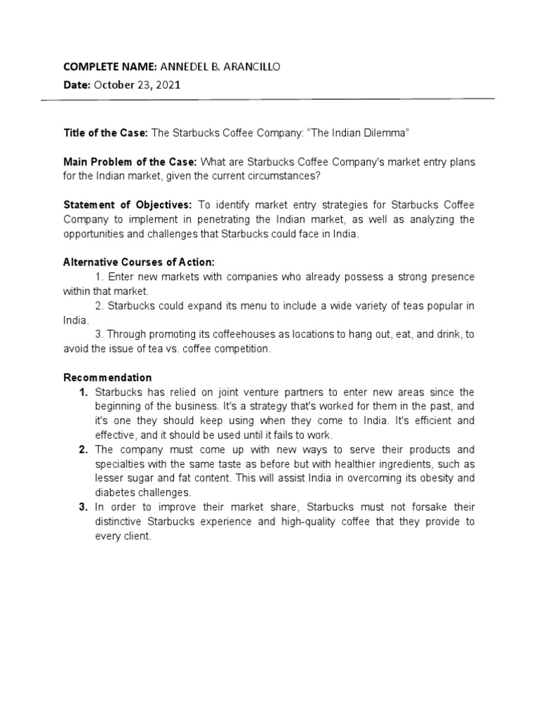 Case Analysis - Starbucks Coffee Company The Indian Dilemma | PDF